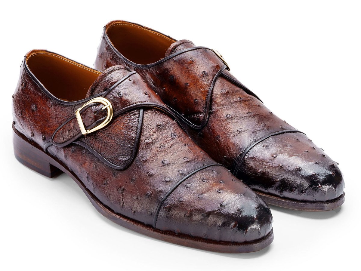 Paul Parkman Men's Genuine Ostrich Skin Monkstrap Shoes Brown (ID#91BR ...